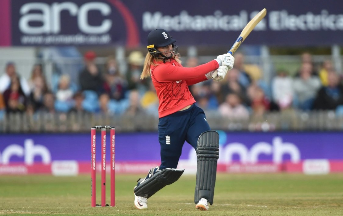 Sophie Ecclestone frees her arms to go over mid-wicket - Guerilla Cricket